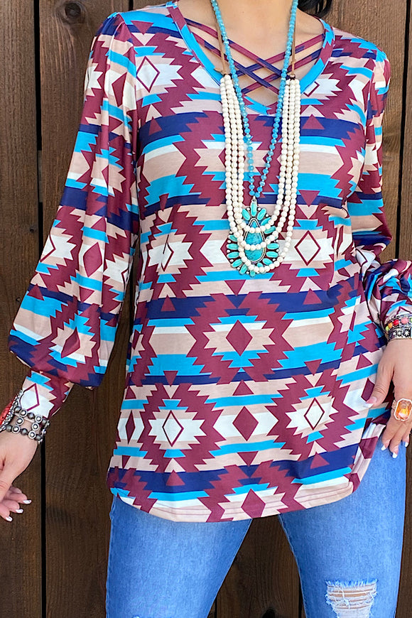 Multi color Aztec printed bubble sleeve blouse w/criss cross neckline ...